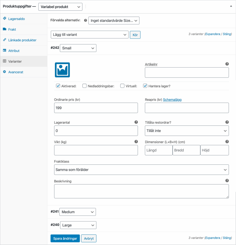 Skapa en variabel produkt i WooCommerce - Wetail Docs